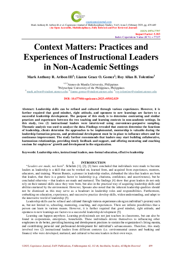 (PDF) Context Matters: Practices and Experiences of Instructional Leaders in Non-Academic Settings