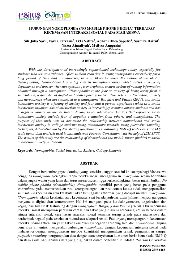 (PDF) HUBUNGAN NOMOPHOBIA (NO MOBILE PHONE PHOBIA) TERHADAP KECEMASAN ...