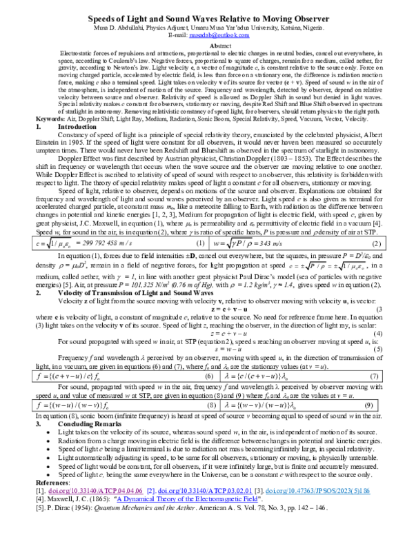 (PDF) Speeds of Light and Sound Waves Relative to Moving Observer