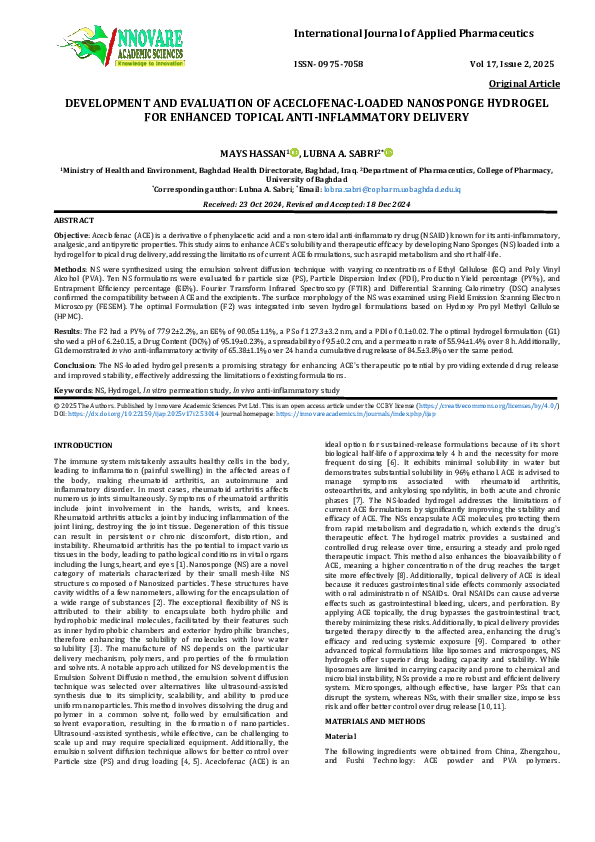 Pdf Development And Evaluation Of Aceclofenac Loaded Nanosponge Hydrogel For Enhanced Topical