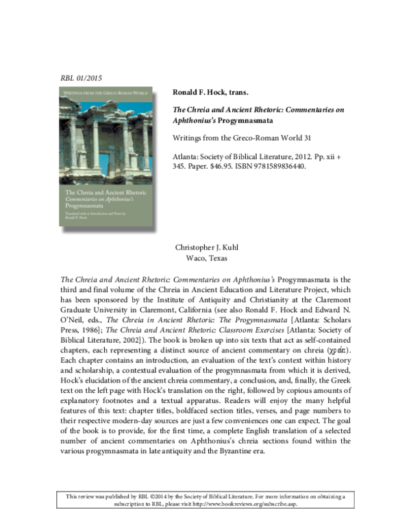 (PDF) RBL Review of "The Chreia and Ancient Rhetoric: Commentaries on ...