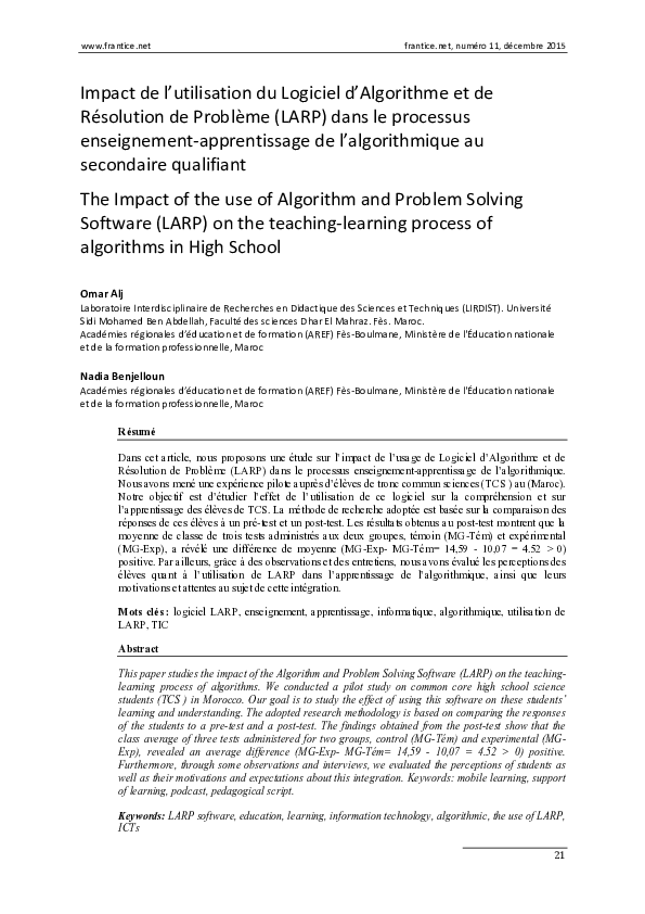 (PDF) Impact de l'utilisation du Logiciel d'Algorithme et de Résolution ...