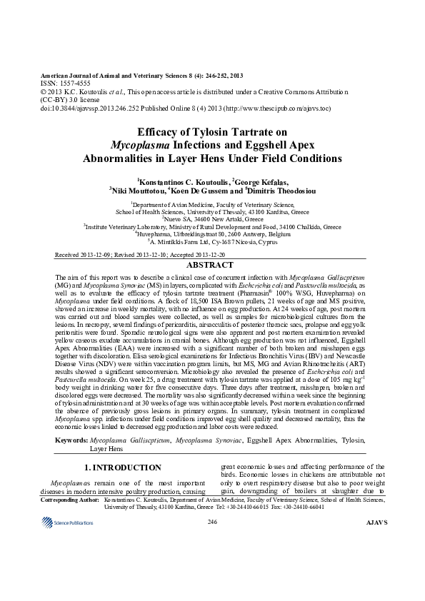 Efficacy of Tylosin Tartrate on Mycoplasma Infections and Eggshell Apex ...