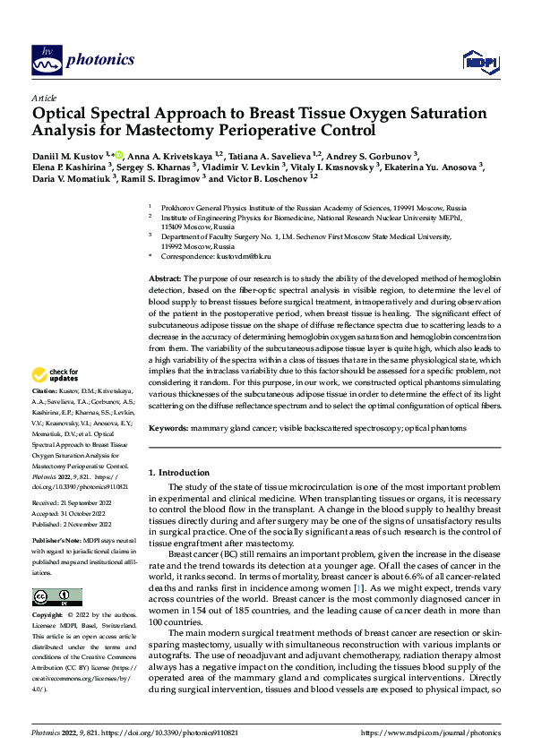 Optical Spectral Approach to Breast Tissue Oxygen Saturation Analysis ...