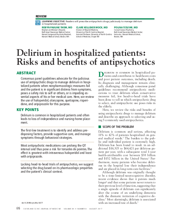 (PDF) Delirium in hospitalized patients: Risks and benefits of ...