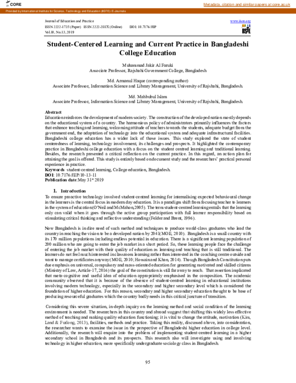 (PDF) Student-Centered Learning and Current Practice in Bangladeshi College Education