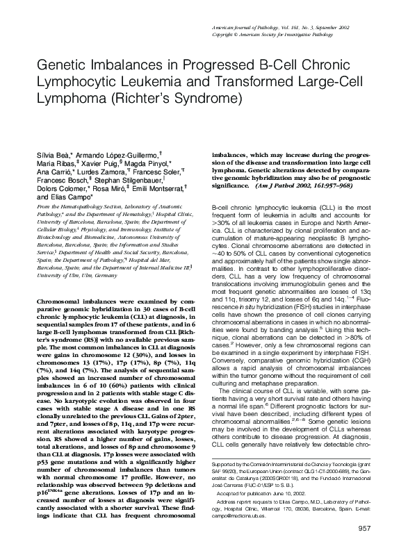 Genetic Imbalances in Progressed B-Cell Chronic Lymphocytic Leukemia ...