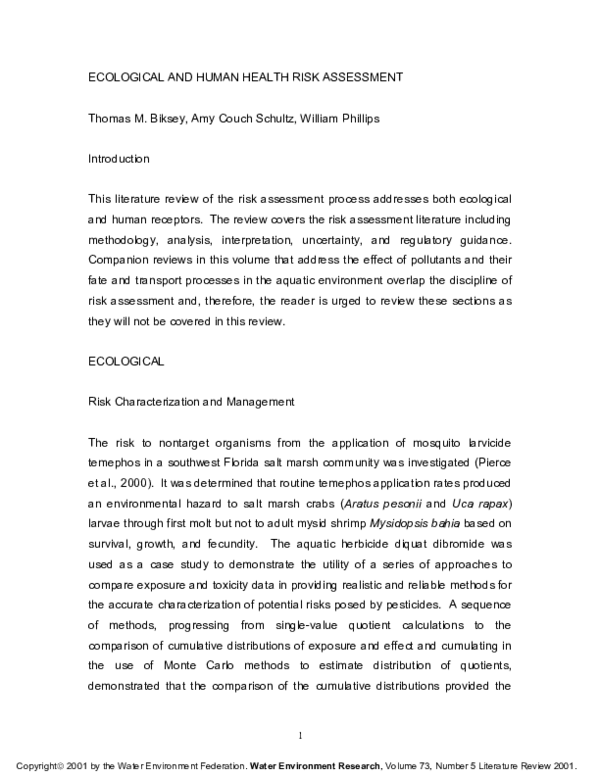 (PDF) Ecological and Human Health Risk Assessment