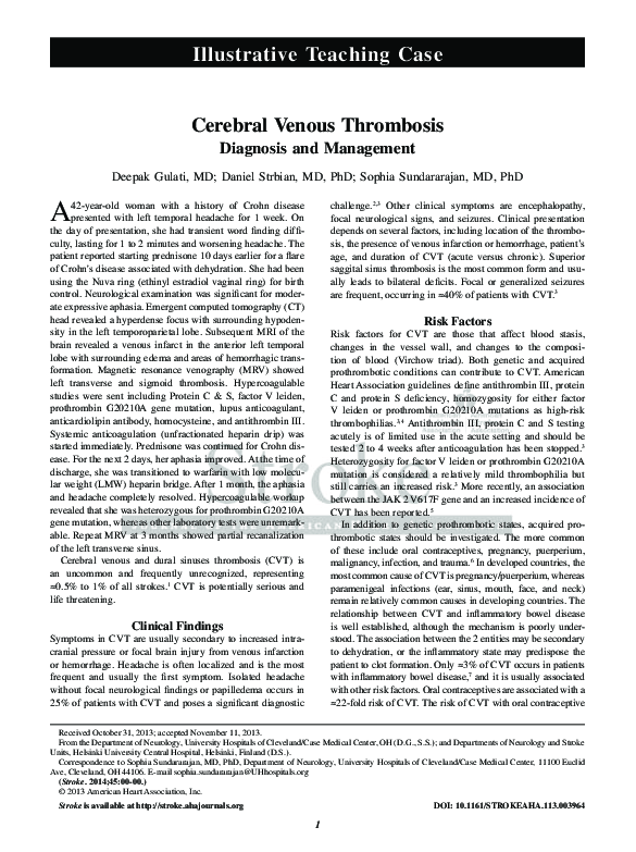 (PDF) Cerebral venous thrombosis: diagnosis and management