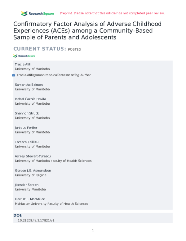 (PDF) Confirmatory Factor Analysis of Adverse Childhood Experiences (ACEs) among a Community ...