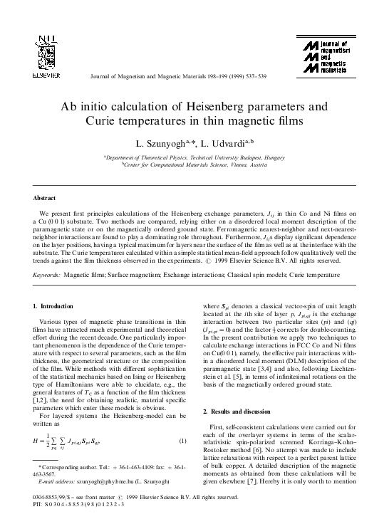 (PDF) Ab initio calculation of Heisenberg parameters and Curie temperatures in thin magnetic films