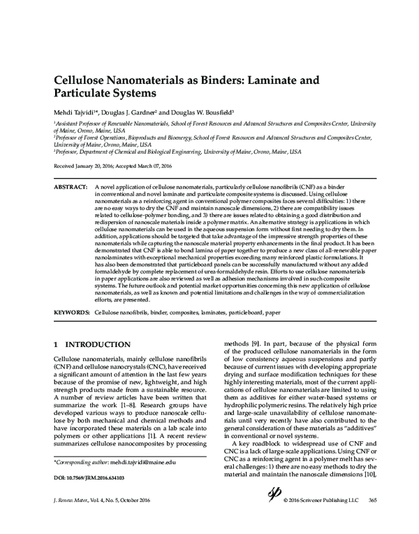 (PDF) Cellulose Nanomaterials as Binders: Laminate and Particulate Systems