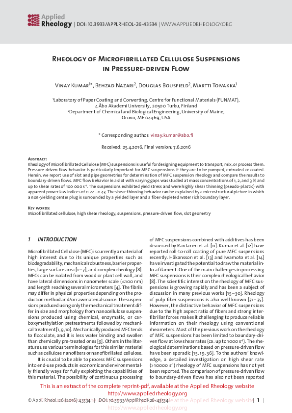 (PDF) Rheology of microfibrillated cellulose suspensions in pressure-driven flow