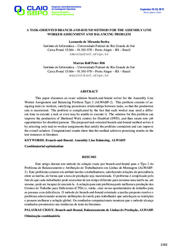 (PDF) A Task-Oriented Branch-And-Bound Method for the Assembly Line Worker Assignment and ...