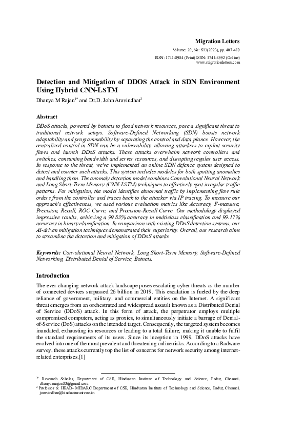 (PDF) Detection and Mitigation of DDOS Attack in SDN Environment Using Hybrid CNN-LSTM