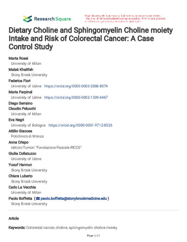 (PDF) Dietary Choline and Sphingomyelin Choline moiety Intake and Risk ...
