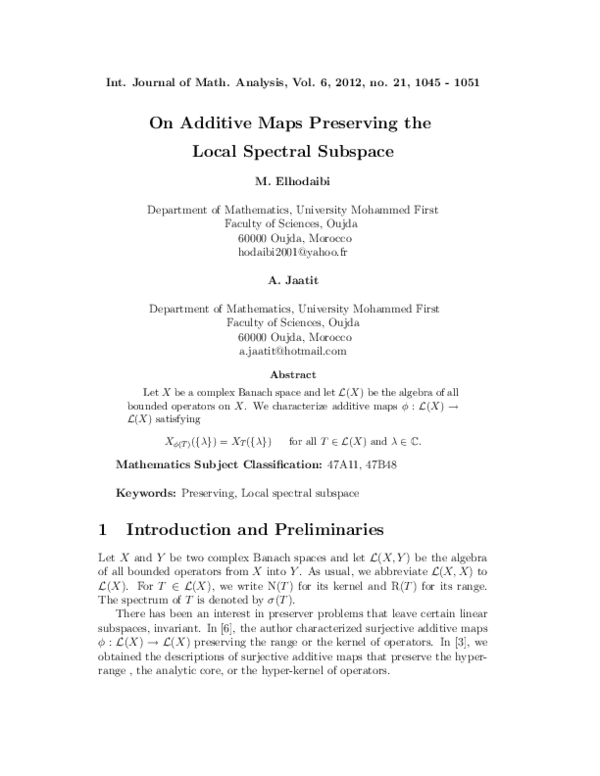 (PDF) On Additive Maps Preserving the Local Spectral Subspace