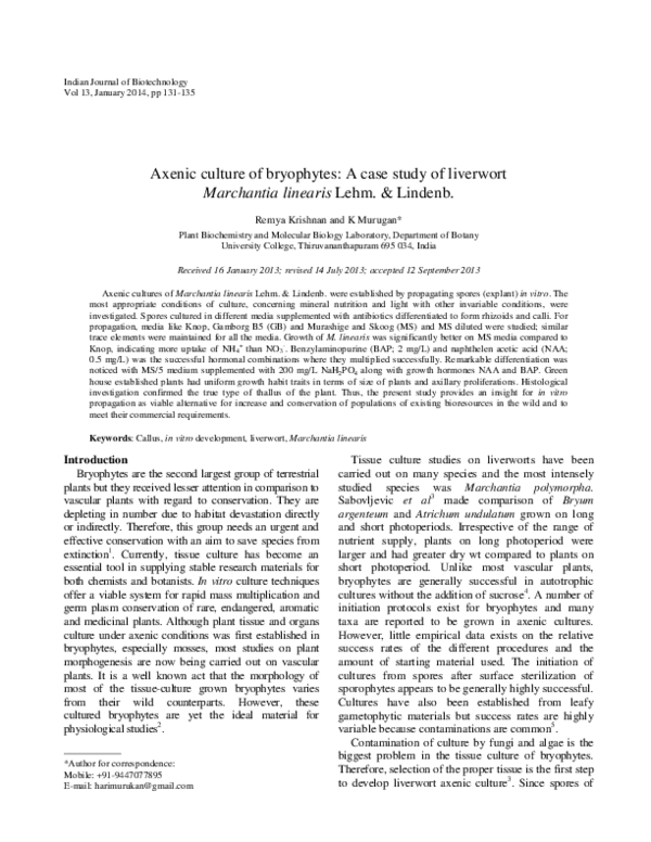 (PDF) Axenic culture of bryophytes: A case study of liverwort ...