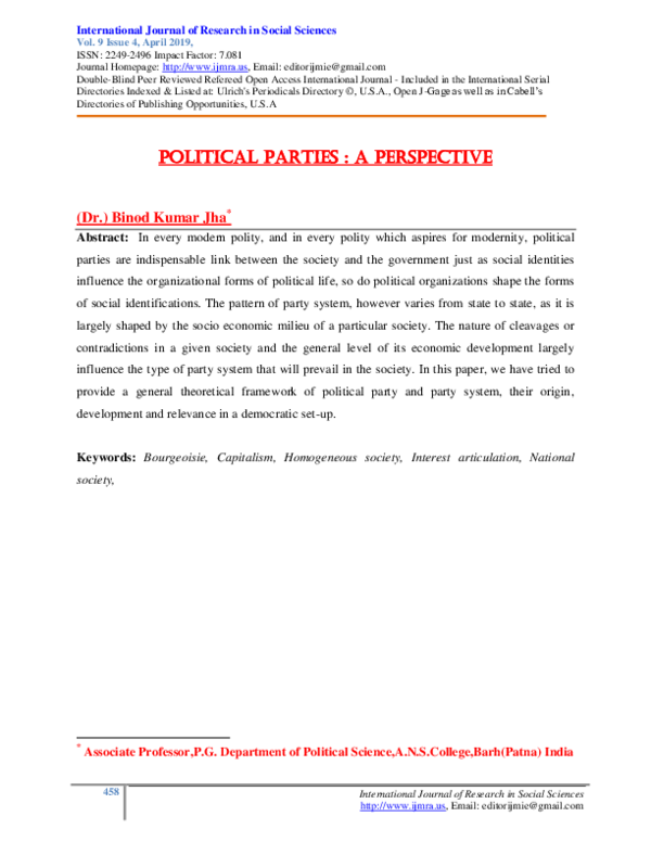 (PDF) POLITICAL PARTIES : A PERSPECTIVE