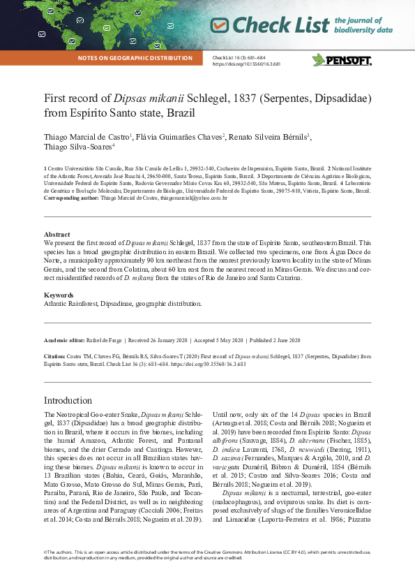 (PDF) First record of Dipsas mikanii Schlegel, 1837 (Serpentes ...