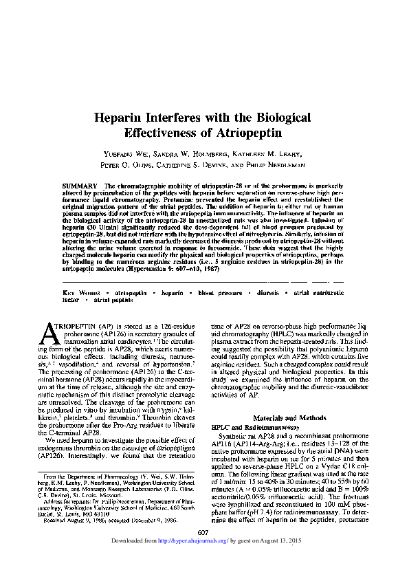 (PDF) Heparin interferes with the biological effectiveness of atriopeptin