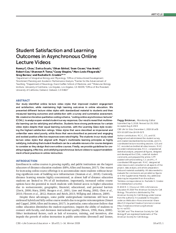 (PDF) Student Satisfaction and Learning Outcomes in Asynchronous Online Lecture Videos