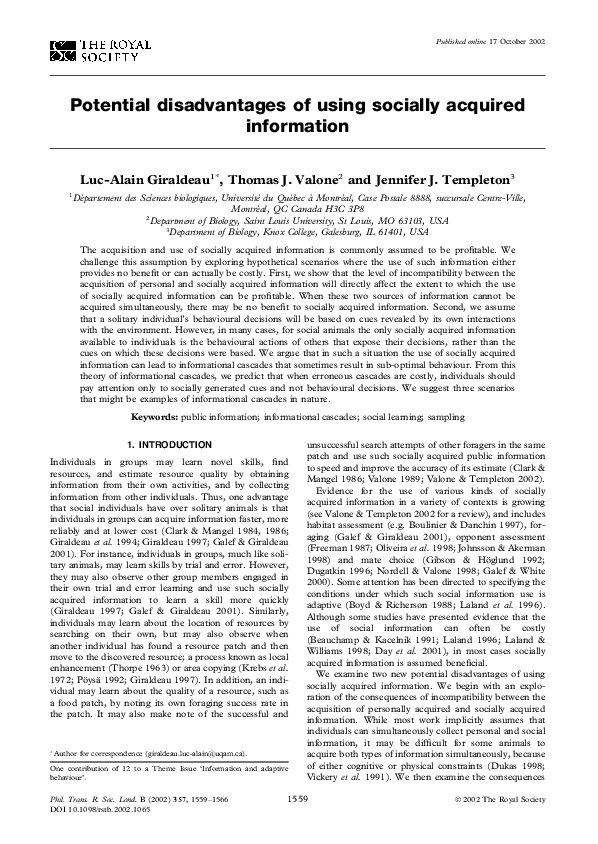 (PDF) Potential disadvantages of using socially acquired information