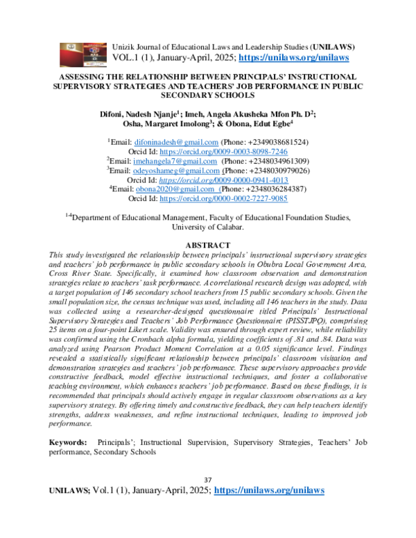 (PDF) ASSESSING THE RELATIONSHIP BETWEEN PRINCIPALS' INSTRUCTIONAL SUPERVISORY STRATEGIES AND ...
