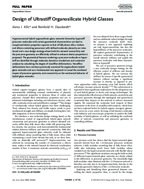 (PDF) Design of Ultrastiff Organosilicate Hybrid Glasses
