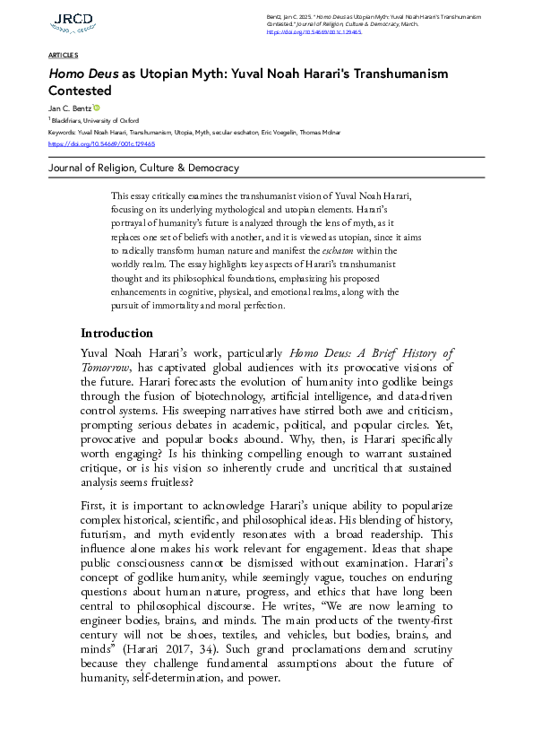 (PDF) Homo Deus as Utopian Myth: Yuval Noah Harari’s Transhumanism ...