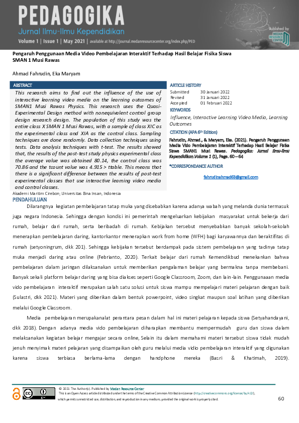 (PDF) Pengaruh Penggunaan Media Video Pembelajaran Interaktif terhadap Hasil Belajar Fisika ...