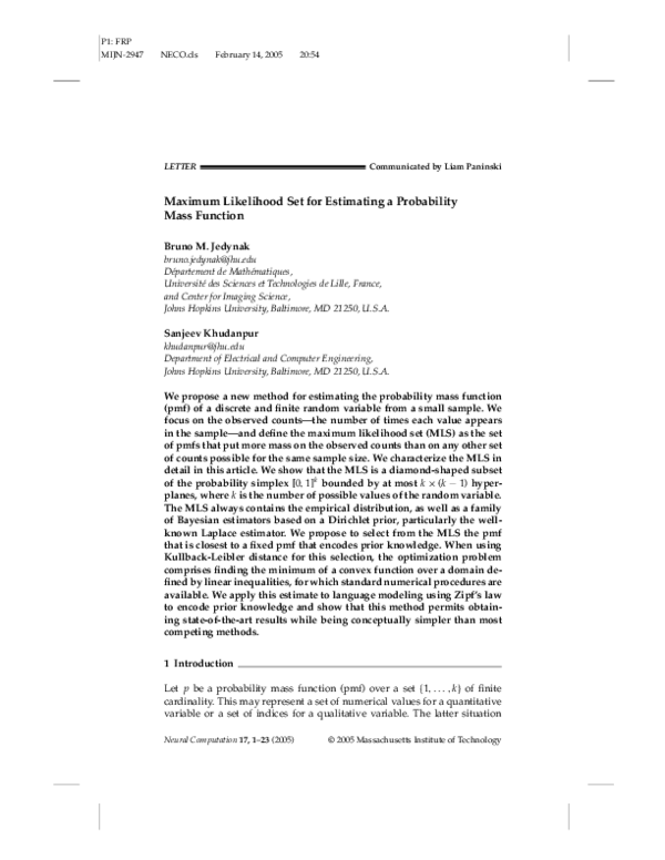 (PDF) Maximum Likelihood Set for Estimating a Probability Mass Function