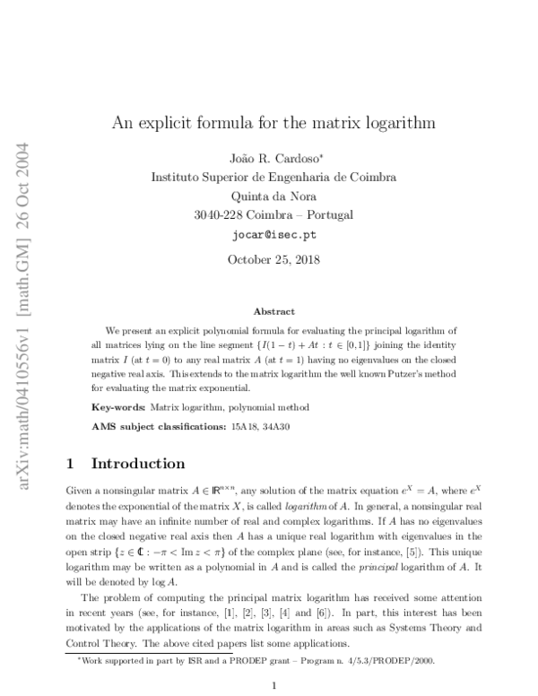 (PDF) An explicit formula for the matrix logarithm