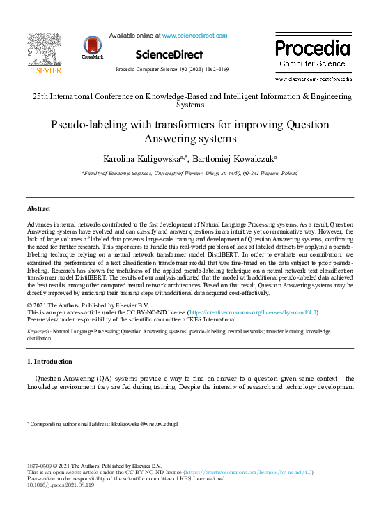 (PDF) Pseudo-labeling with transformers for improving Question Answering systems