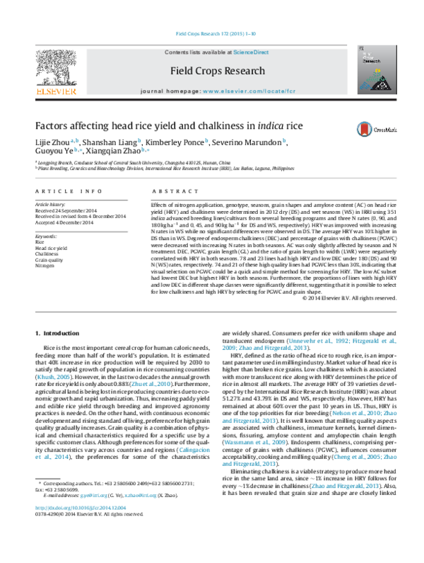 (PDF) Factors affecting head rice yield and chalkiness in indica rice