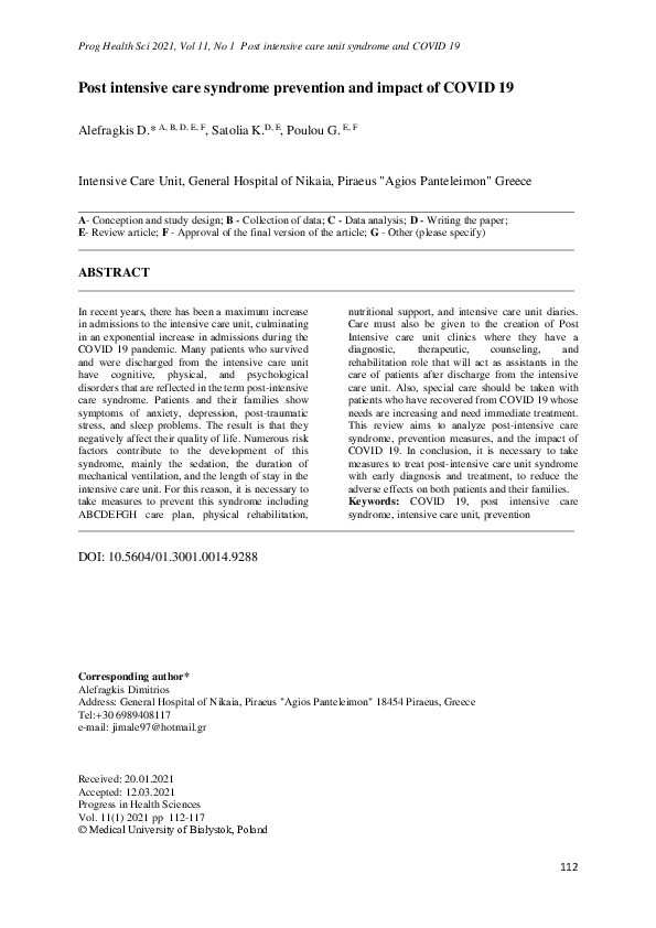 (PDF) Post intensive care syndrome prevention and impact of COVID 19