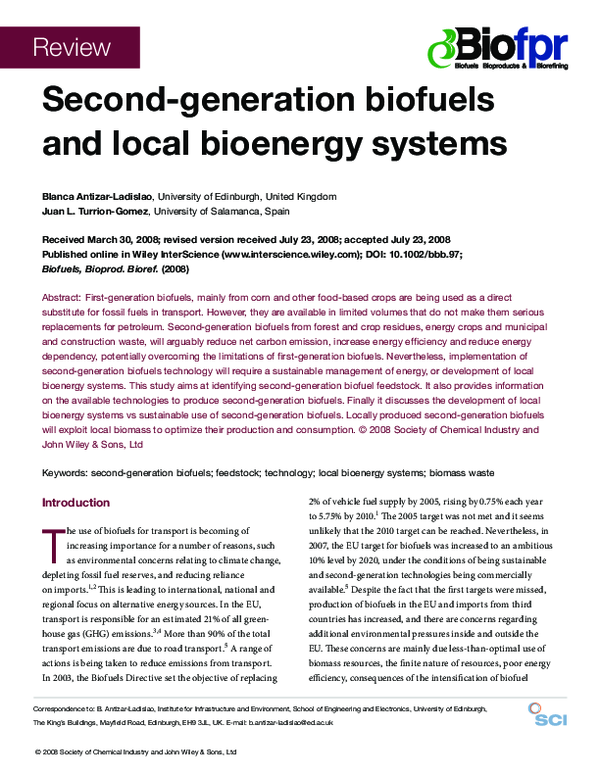 (PDF) Second‐generation biofuels and local bioenergy systems