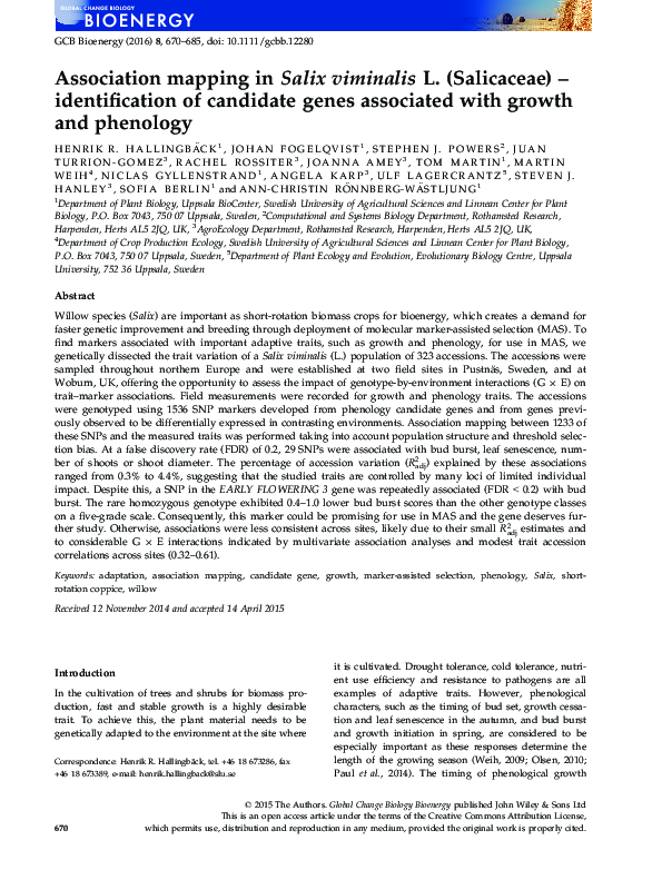 (PDF) Association mapping in Salix viminalis L. (Salicaceae) – identification of candidate genes ...