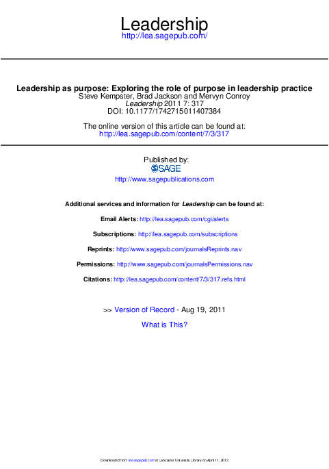(PDF) Leadership as purpose: Exploring the role of purpose in ...