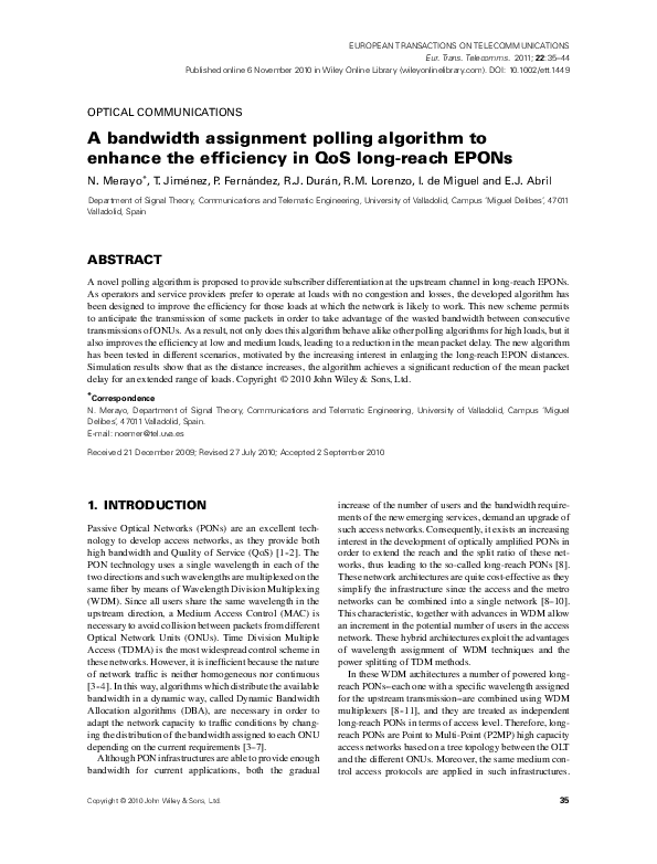 (PDF) A bandwidth assignment polling algorithm to enhance the efficiency in QoS long‐reach EPONs