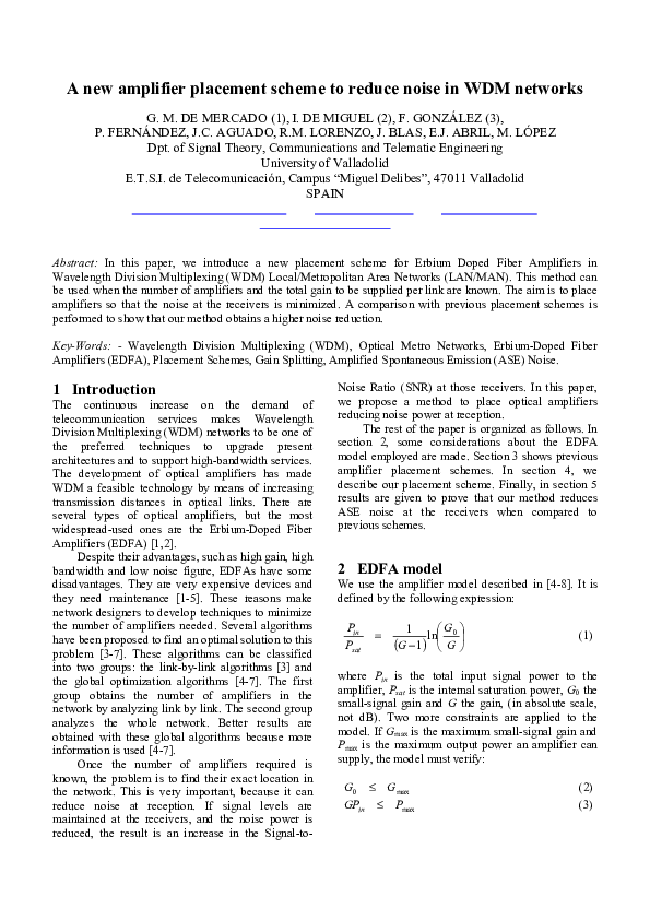 (PDF) A new amplifier placement scheme to reduce noise in WDM networks