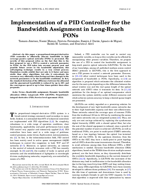 (PDF) Implementation of a PID controller for the bandwidth assignment in long-reach PONs