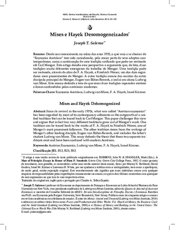 (PDF) Mises and hayek dehomogenized