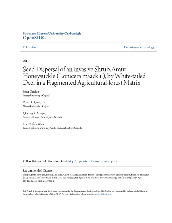 (PDF) Seed dispersal of an invasive shrub, Amur honeysuckle (Lonicera ...