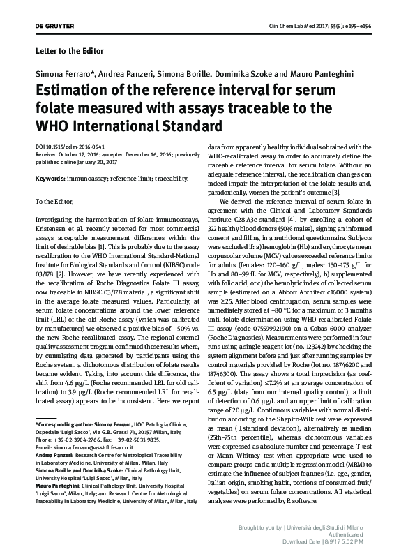 (PDF) Estimation of the reference interval for serum folate measured with assays traceable to ...