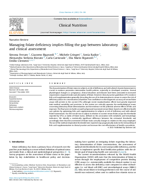 (PDF) Managing folate deficiency implies filling the gap between ...