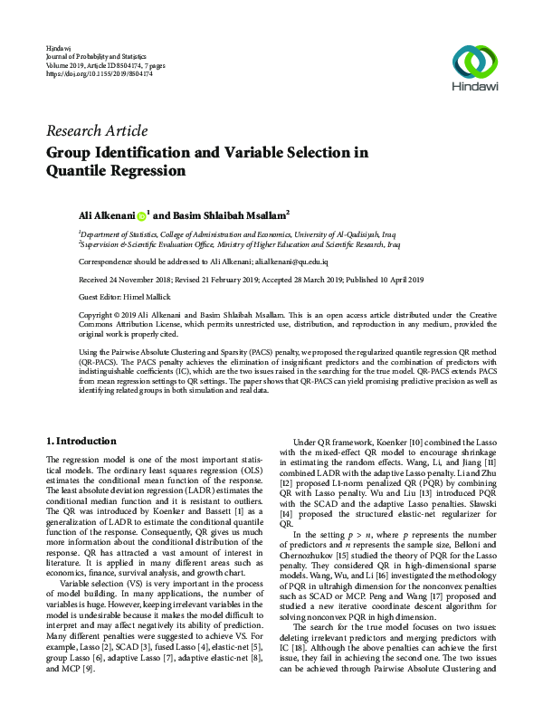 (PDF) Group Identification and Variable Selection in Quantile Regression