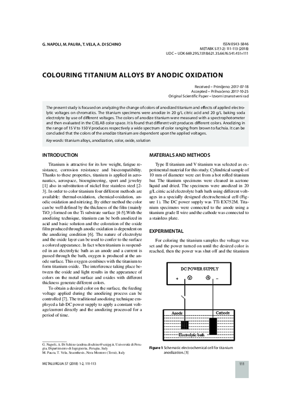(PDF) Colouring titanium alloys by anodic oxidation