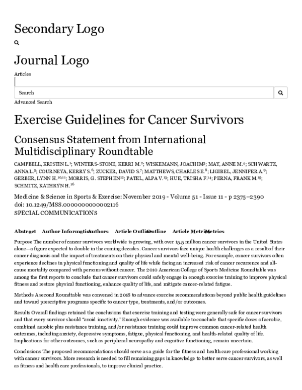 Exercise Guidelines for Cancer Survivors: Consensus Statement from ...