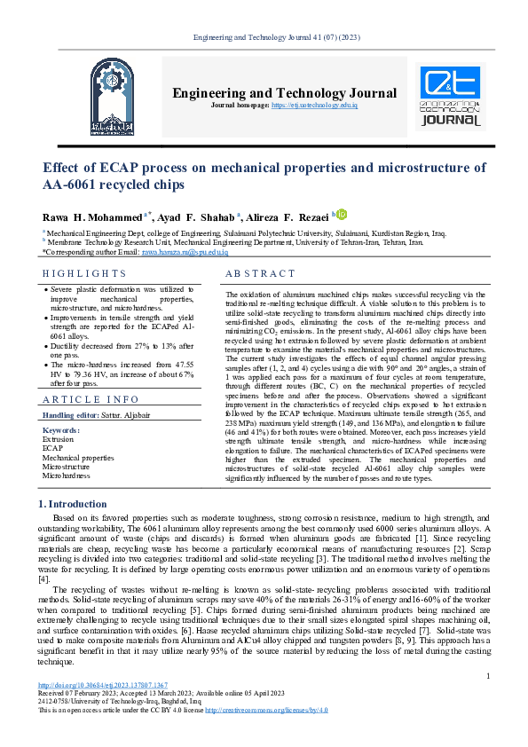 (PDF) Effect of ECAP process on mechanical properties and ...